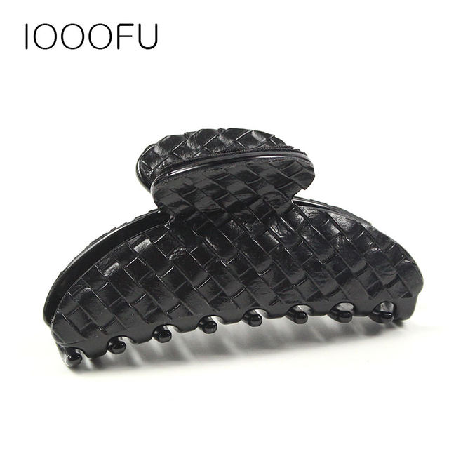 Woven cortex grabbed solid -color leather hair clip Korean medium ...