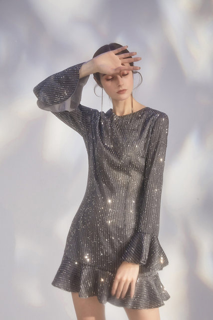 High-end custom mineral gray two-tone crystal-embellished ruffle dress