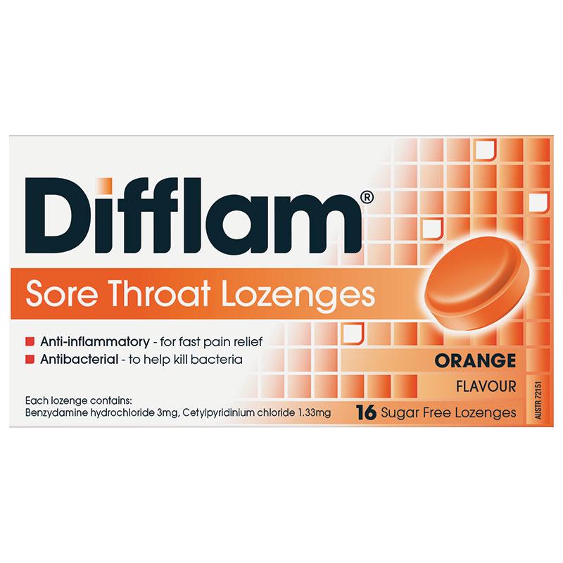 Difflam Sugar-Free Orange Lozenges 16 Tablets - Sore Throat Relief