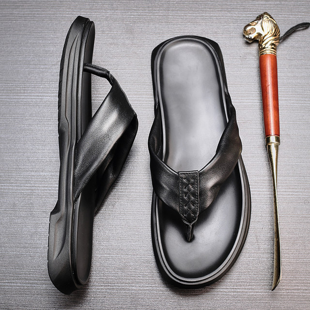 Handmade stitching leather slippers Men's fashion external wearing non ...