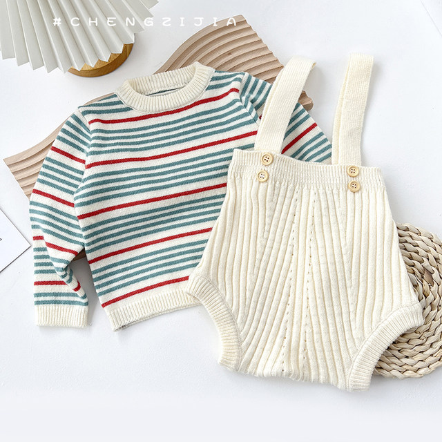 Baby clothes, spring and autumn striped knitted T-shirt suit, infant ...