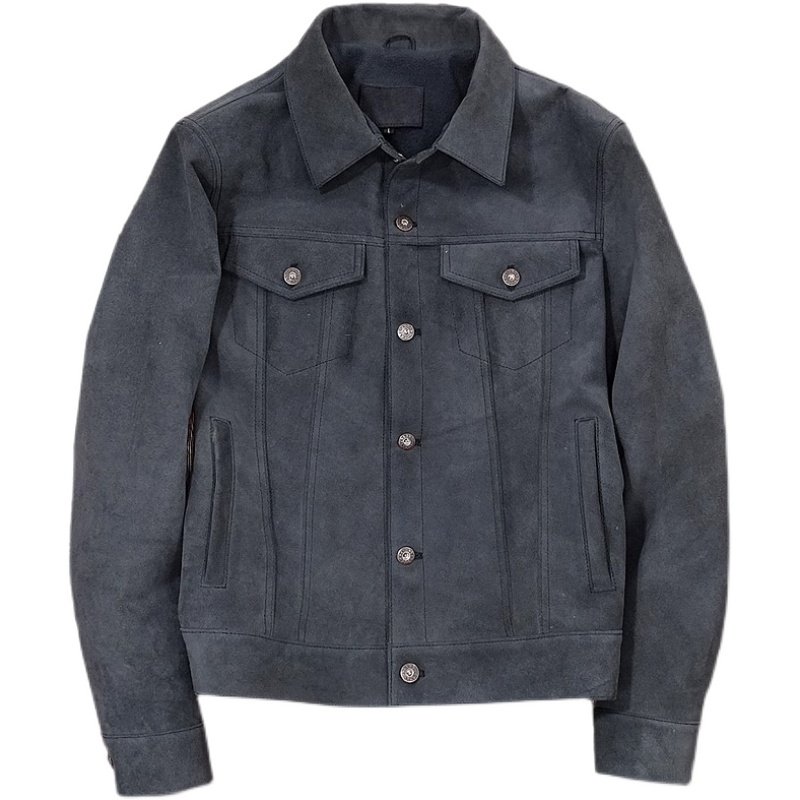Curphey Men's Genuine Leather Jacket - Morandi Gray-Blue Suede - Spring ...