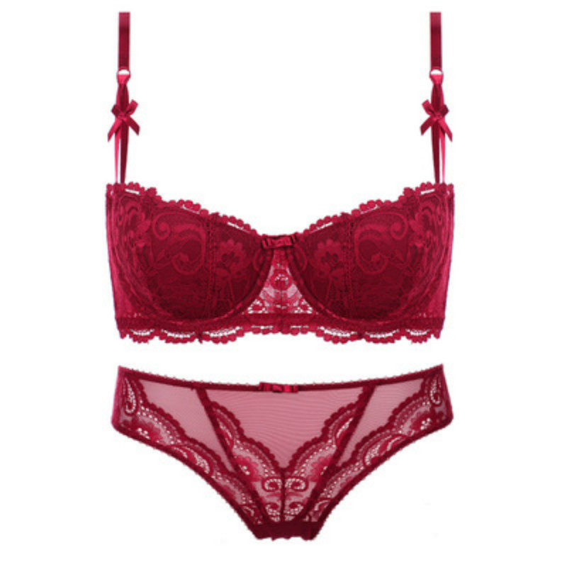 Lace Half Cup Bra Set - Thin Cotton, Gathered, U-Shape