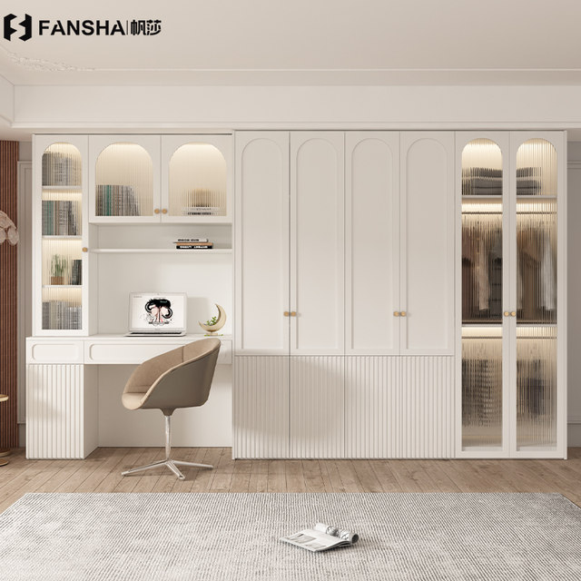 Modern light luxury French cream style wardrobe with desk integrated ...