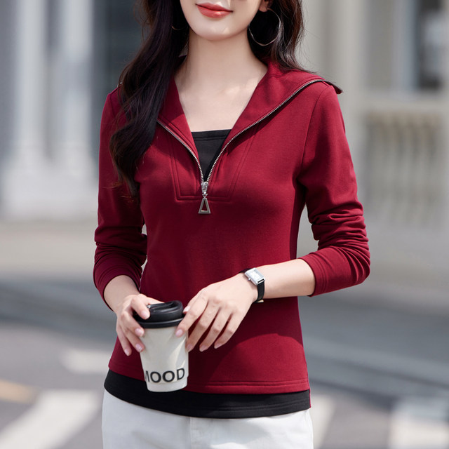 Germany lapel fake two -piece zipper long -sleeved T -shirt female 2024 ...