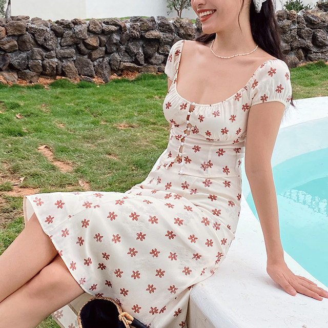 ooh itch itching French floral dress retro print short sleeve top+A -line long skirt