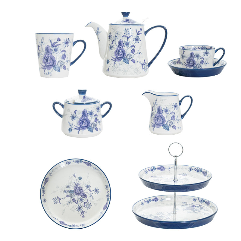 London Pottery Blue Rose Tea Set - 7 Piece Herbal Tea Set