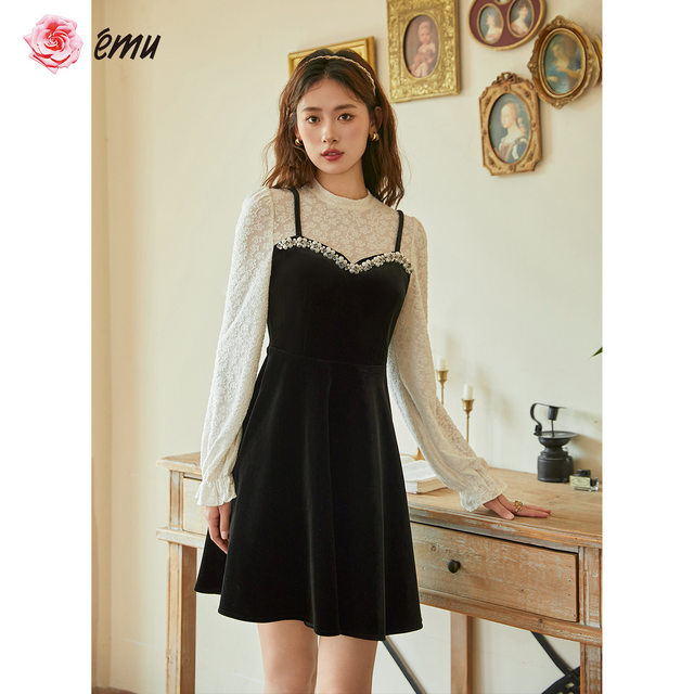 EMU Yimiao long -sleeved dress long sleeve black slim dress lace ...