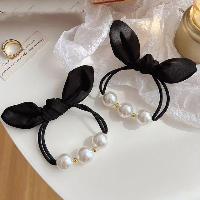 Black rabbit ears bow pearl hair circle high elastic rubber band girls ...