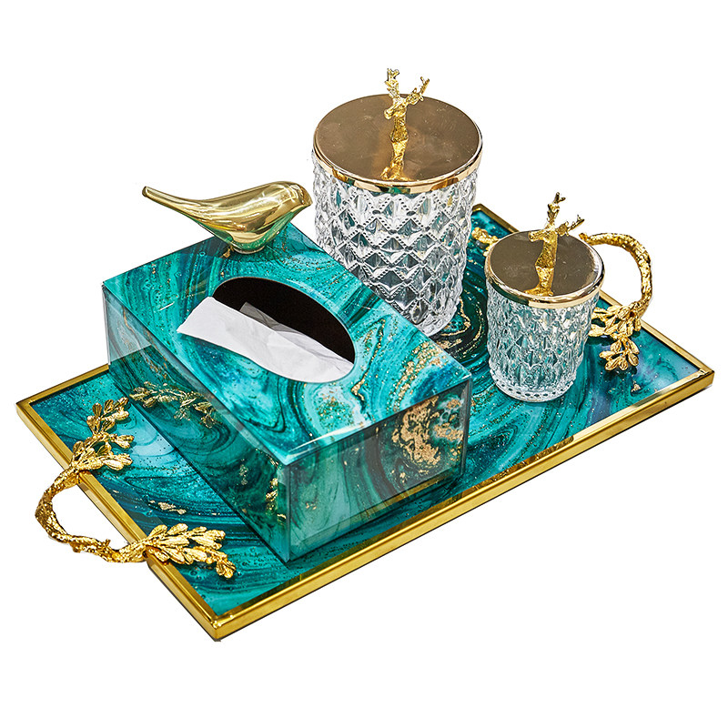 Green Agate & Gold Tissue Box with Tray - Luxurious Home Decor
