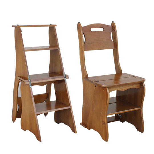 Solid Wood Four-Story Step Stool Chair | Folding Wooden Ladder Chair