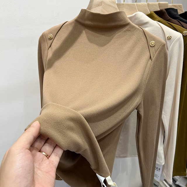 Half -high -necked New buckle pits plus thin velvet long sleeve T ...