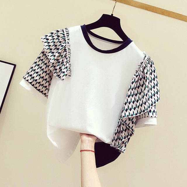 Design Trive color grid Lotus leaf splicing round neck short -sleeved T ...