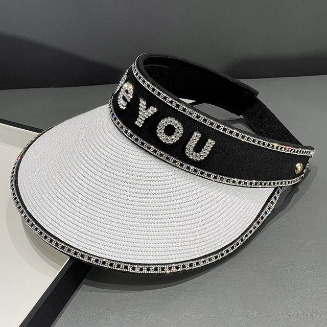 Summer diamond-encrusted straw large brim sun protection empty top hat ...
