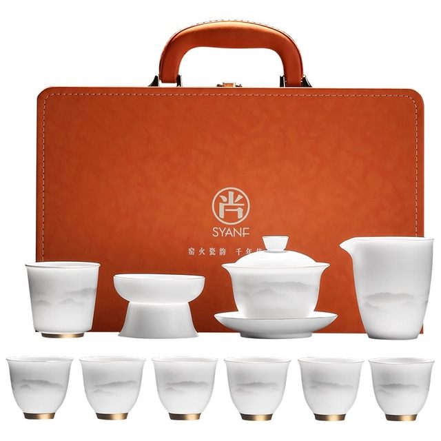 Master-level mutton-fat jade white porcelain tea set for home light ...