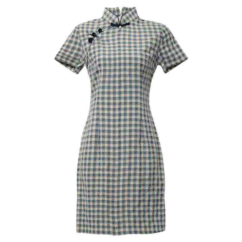 Hongyun Dream Plaid Cheongsam - Short Sleeve Cotton Dress