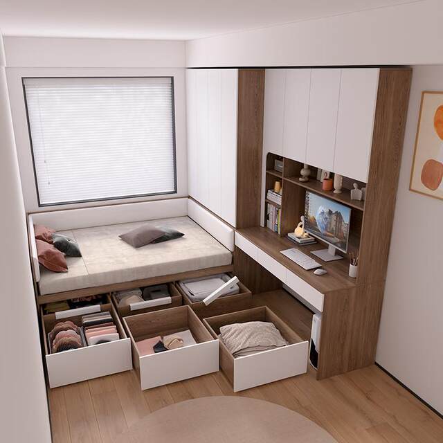 Small apartment tatami bed wardrobe storage bed desk integrated bed ...