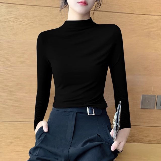 Black Modal Half -high -necked bottom shirt female long -sleeved women ...