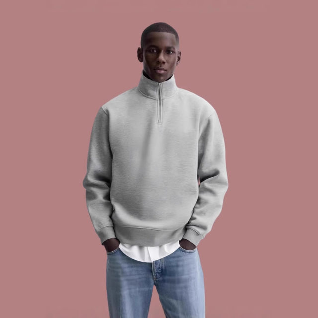 FBUF heavy 500g semi -zipper standing Boxy gray sweater Cleanfit ...