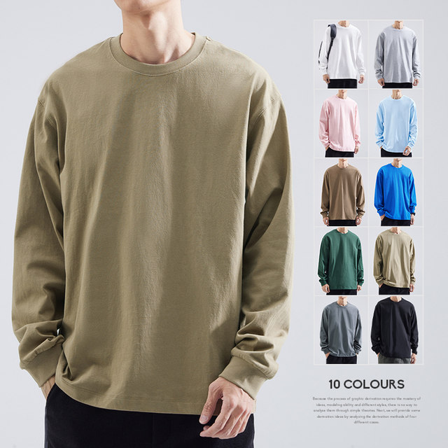 260g heavyweight small neckline long-sleeved T-shirt men's pure cotton ...