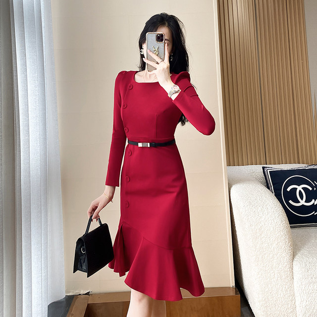 Red fishtail dress dress for women autumn new high-end temperament ...