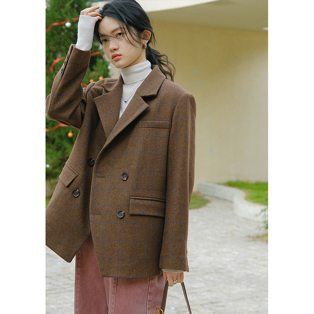 Loose retro brown checkered hairy woolen jacket female wool short ...