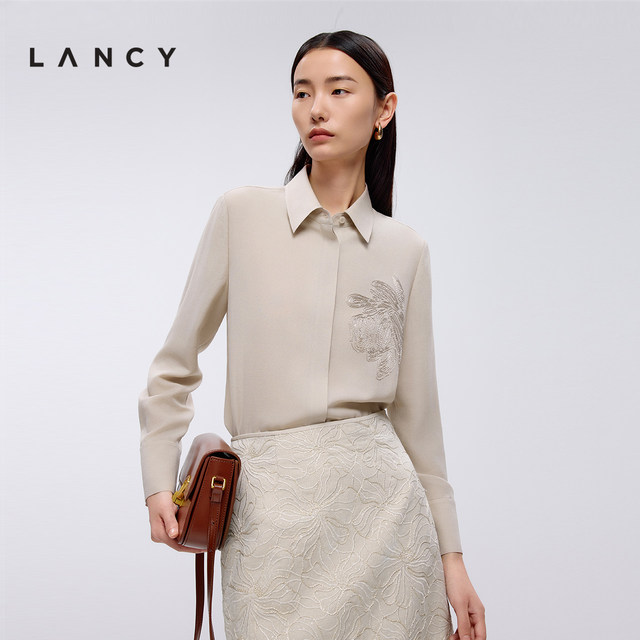 Lance/Langzi 2025 spring new temperament high -end flower sequin embroidered lapel shirt women's ...