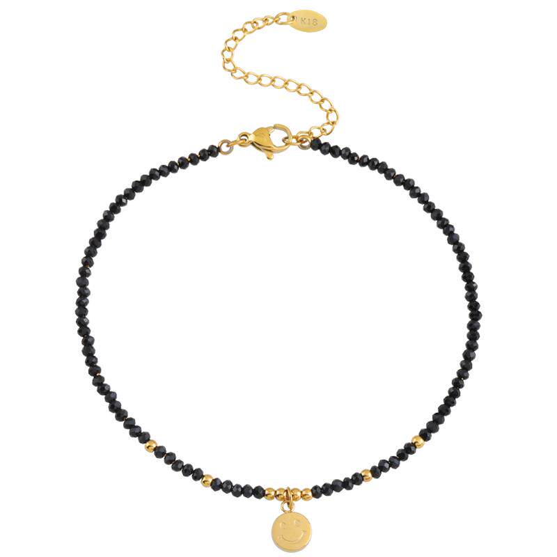 Ktwo Black Spinel Anklet - Smiling Face Design - Gold Plated