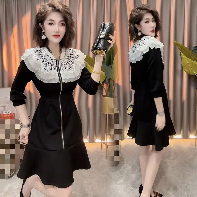 Net red dress female 2023 spring new goddess lace stitching lotus leaf ...