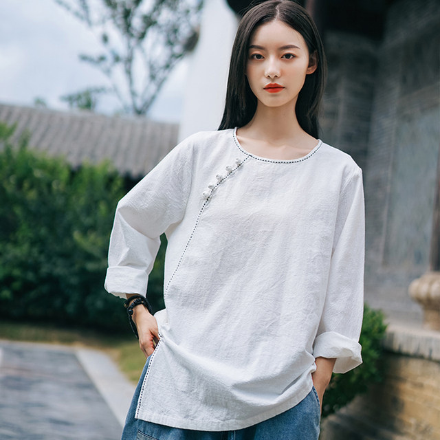 Original cotton and linen casual art, handmade embroidery thread shirt ...