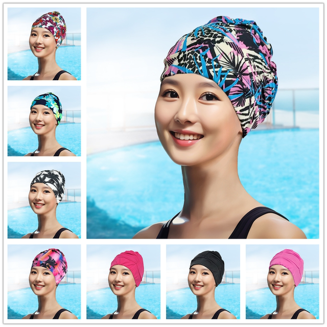 Women's pleated cloth swimming hat solid colorless color Bobe head ...