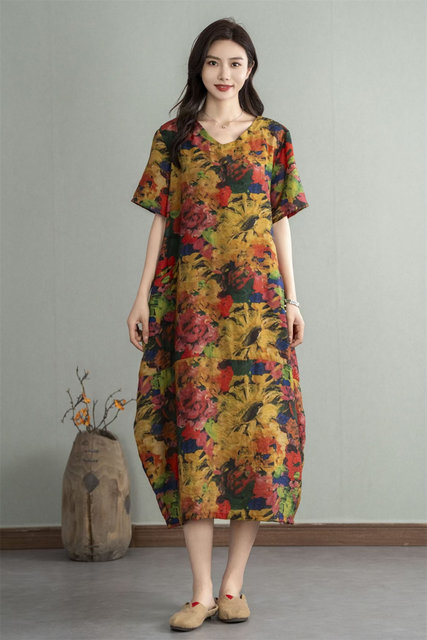 Summer new retro style hemp print V -neck short -sleeved dress female ...