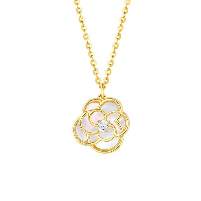 Chow Tai Sang camellia shell necklace sterling silver women's light ...