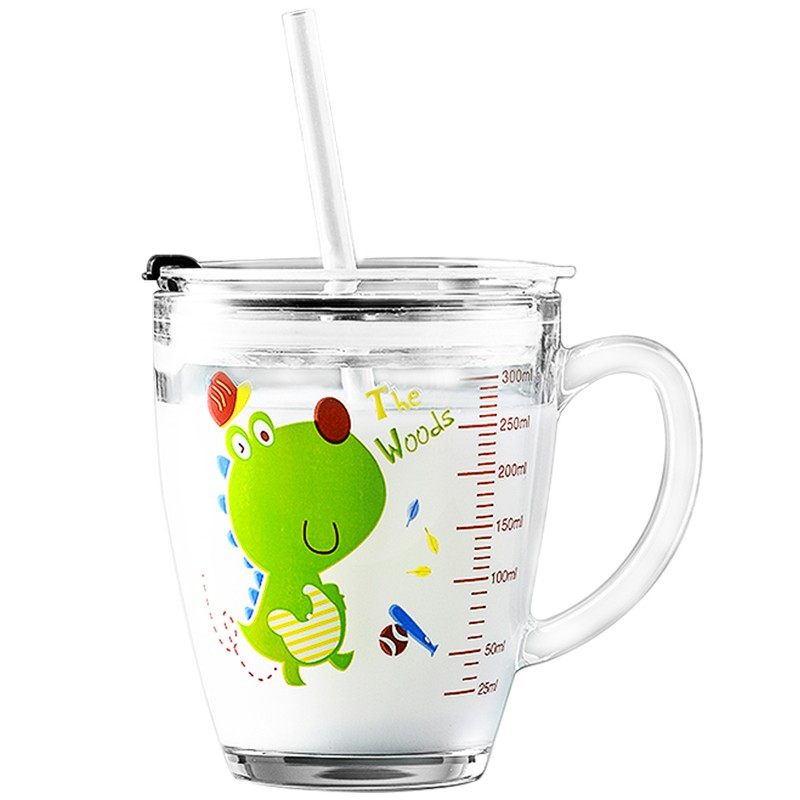 Nordic Cartoon Baby Milk Cup - Glass Straw Cup with Scale & Handle (400 ...