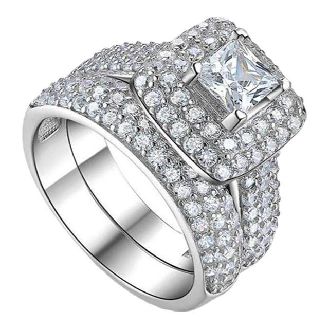 Full diamond micro-set princess diamond set ring for women European and ...