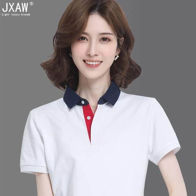 Cotton short -sleeved POLO shirt female summer loose large size lapel T ...