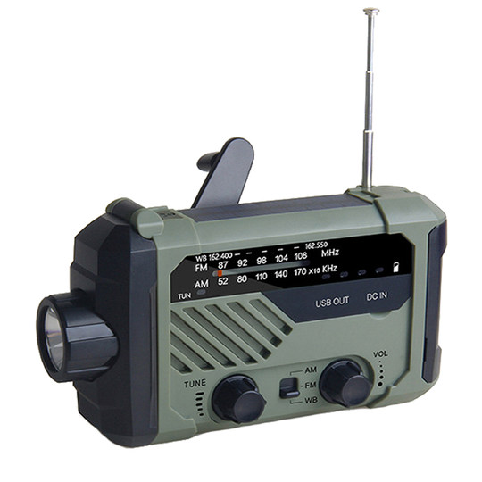 Hand-Cranked Radio Alarm Flashlight with Solar Rechargeable Emergency Light