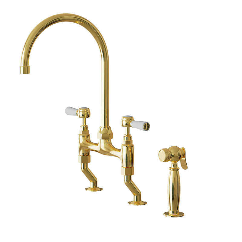 French Retro Full Copper Kitchen Faucet Double Hole Rotation