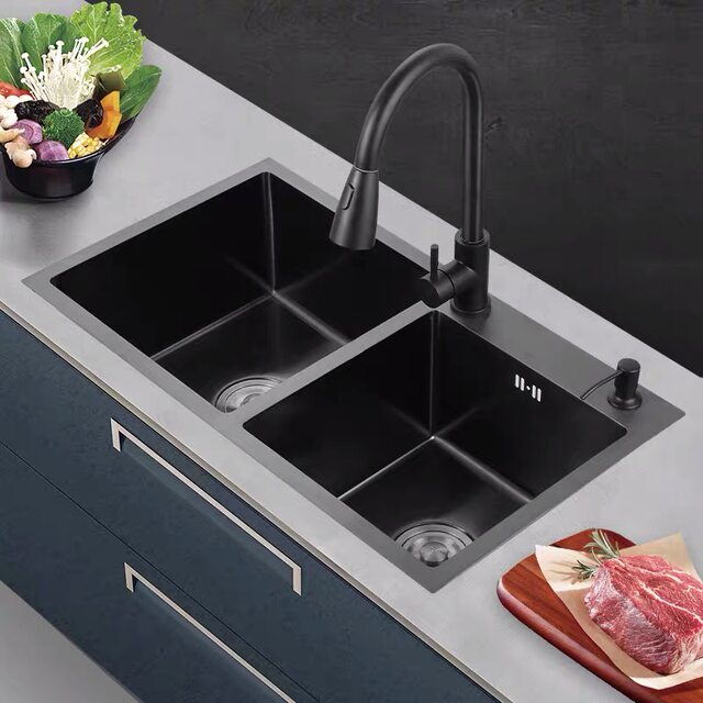 Kitchen new Lanster 304 stainless steel hand-drawn sink package double ...