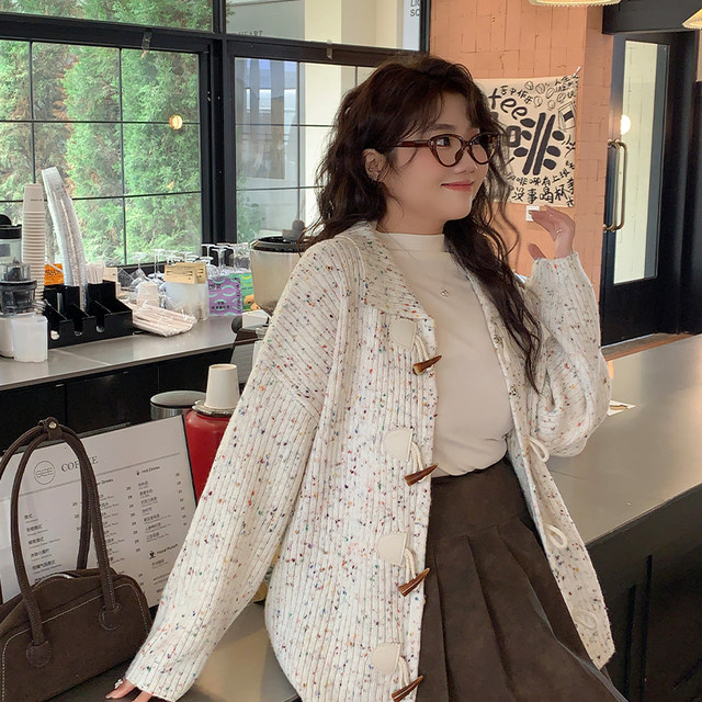 Yuzi caviar jelly buckle sweater large size women's slightly fat MM girl is thin and covered ...