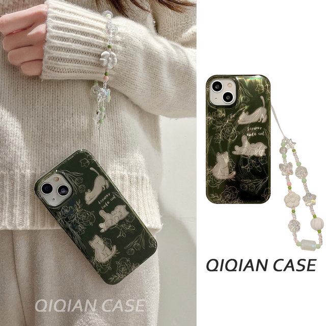 Qiqian hollow feather yarn cat wristband iPhone16/15 mobile phone case suitable for Apple 14/13 ...