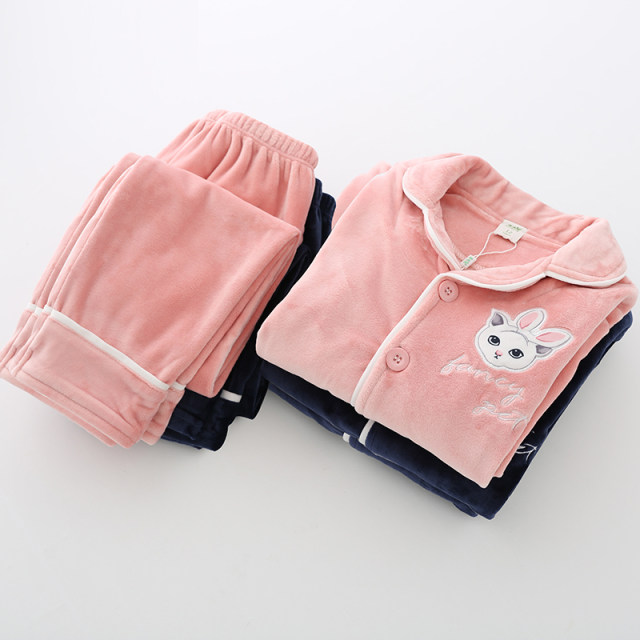 Girls' flannel pajamas, autumn and winter thickened long-sleeved suits ...