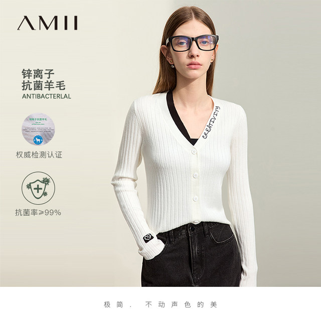 AMII2024 Autumn new minimalist V -neck placket, long sleeves contains ...