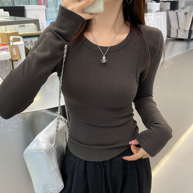 Gray round neck Moder grinding hair base shirt female inner 2024 autumn ...