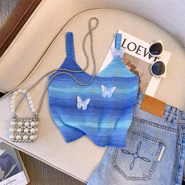 Gradient Blue Butterfly Knitted Camisole Women's Summer Outerwear Sweet ...