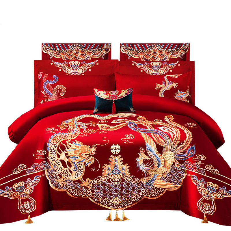 Dragon and Phoenix Embroidery Wedding Bedding Set