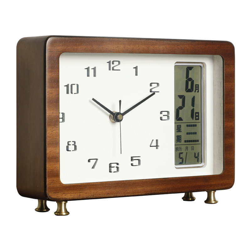 Hense Retro TV Clock - Solid Wood Perpetual Calendar Table Clock
