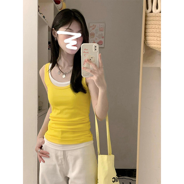 Pure hot girl fake two yellow camisole vests Female summer chic niche ...