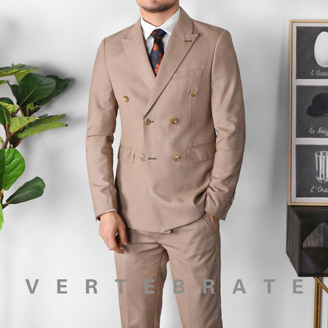 Vertebrates men's double -ribs dual -ribs buckle khaki gentleman suit ...