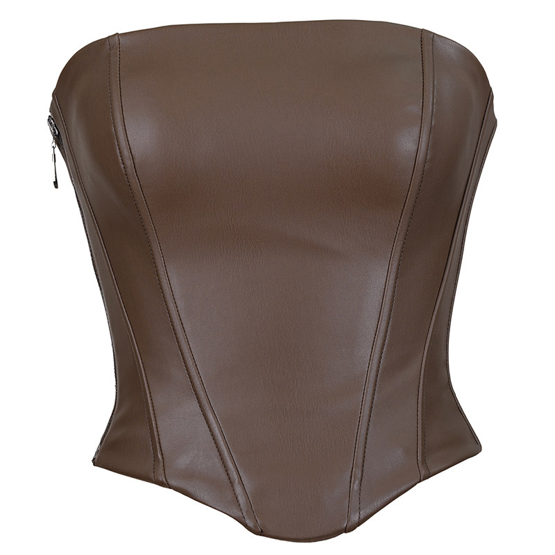 Love Rose PU Leather Coffee-Colored Bra-Wrapped Bra Top | Short Breast ...